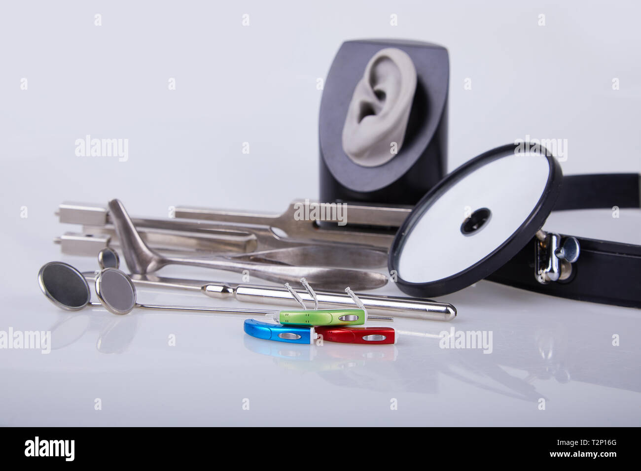 Medical instruments for ENT doctor on white. A set of Otolaryngologist ...