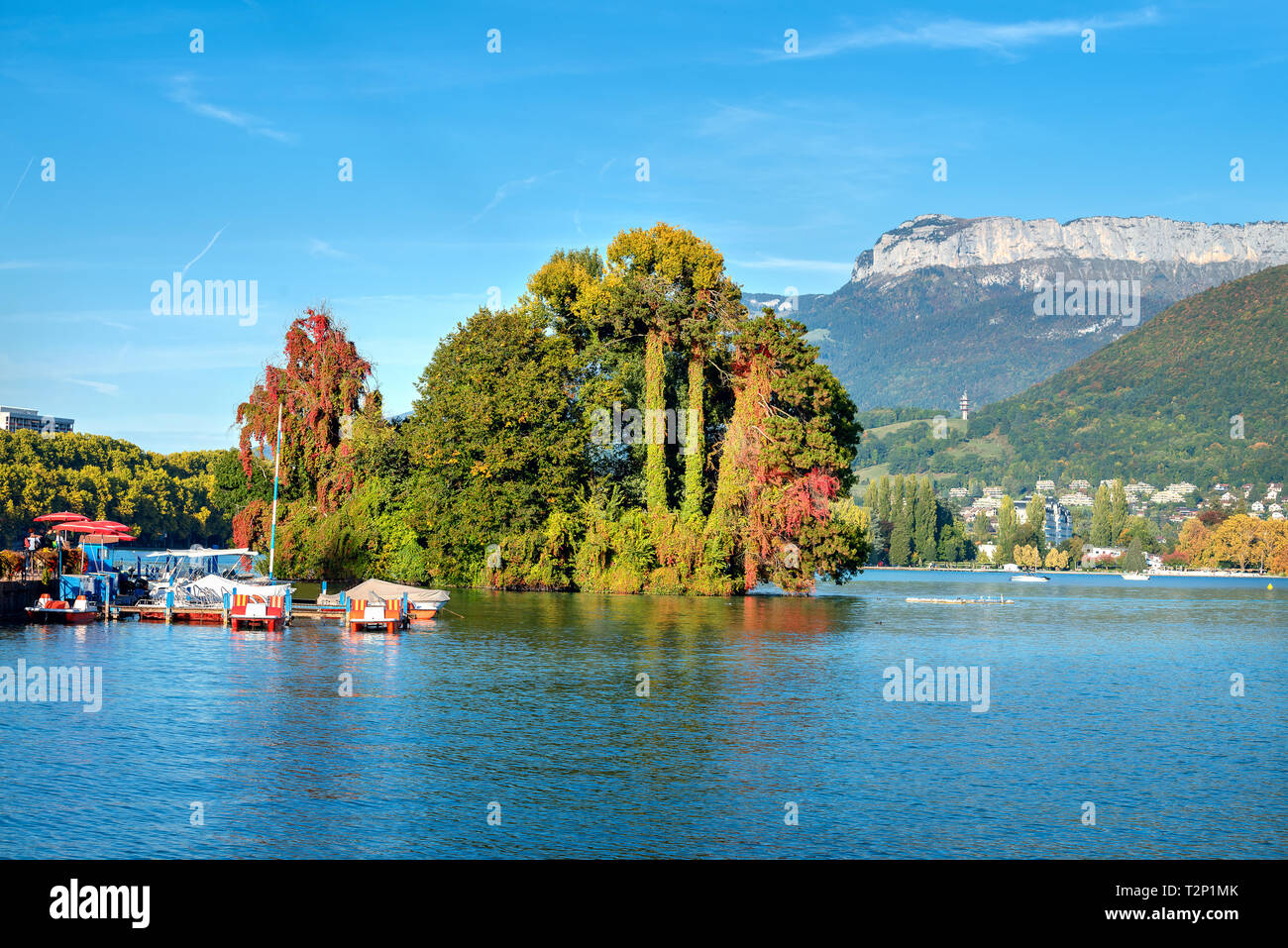 Landscape with beautiful park and view of Lake Annecy. Haute Savoie ...