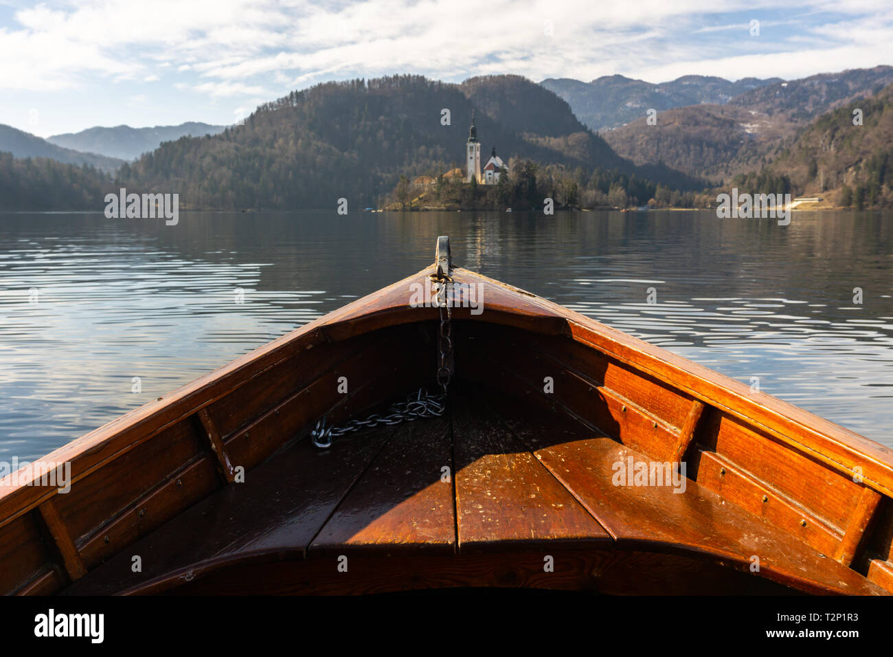 Wooden rent boat on a Bled lake - famous tourist destination in ...
