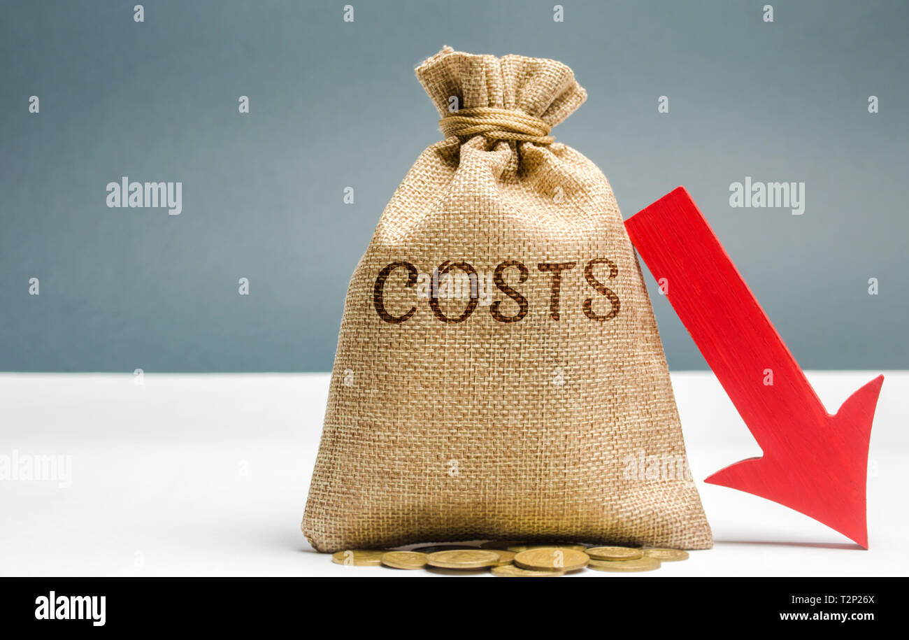 Money bag with coins with the word Costs and a down arrow. Reduction ...