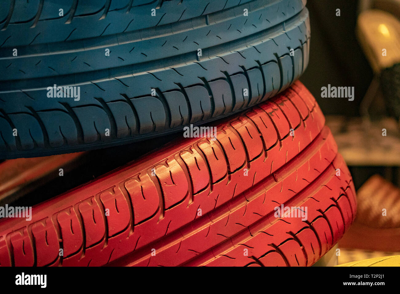 many colors car tires detail Stock Photo - Alamy