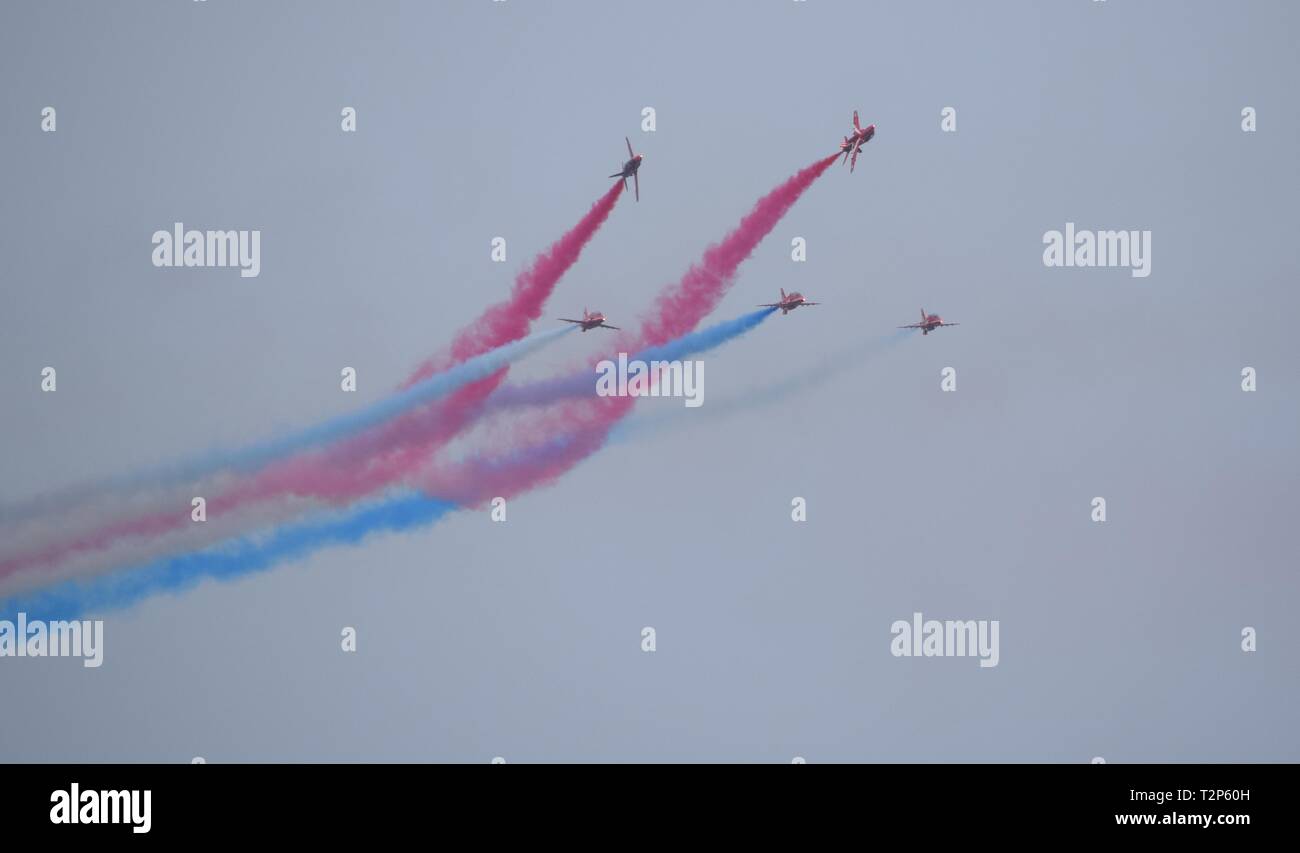 Red Arrows aerobatic display 170817 Stock Photo - Alamy