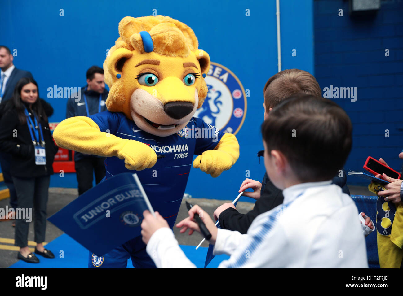 Chelsea mascot Bridget the Lioness greets fans before the Premier ...