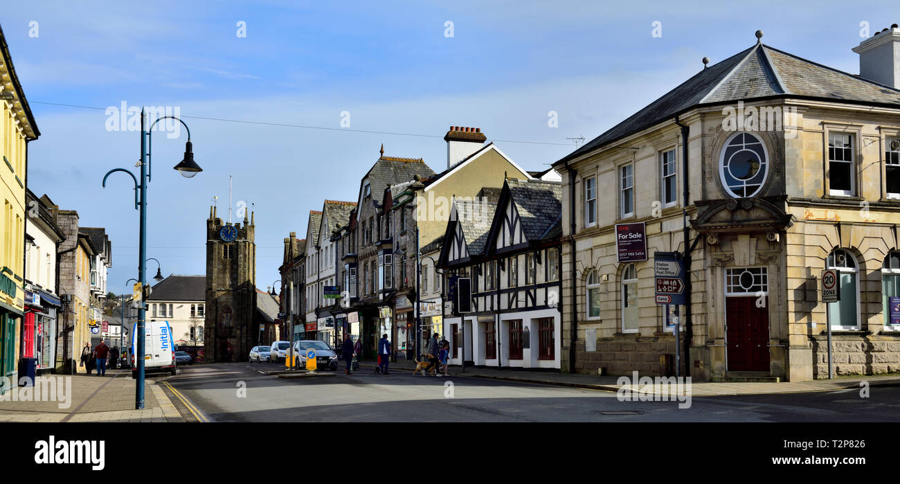 Looking down the main street, (Fore Street) in town of Okehampton with ...