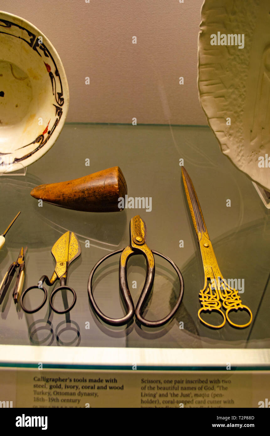 Calligrapher's tools made with ivory, wood, coral, steel, and gold ...