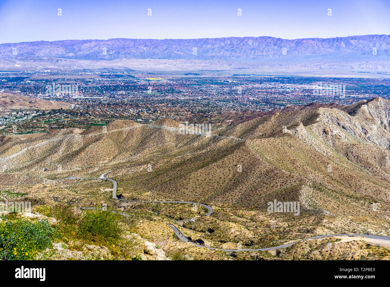 Aerial view of Coachella Valley and the road leading to it, California ...