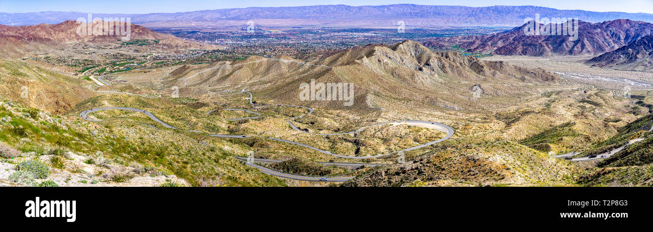Aerial view of Coachella Valley and the road leading to it, California ...
