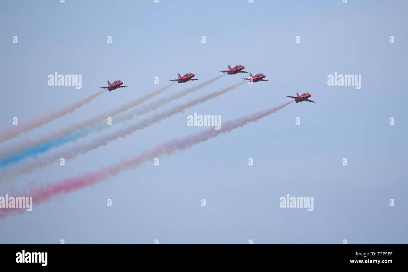 Red Arrows aerobatic display 170817 Stock Photo - Alamy