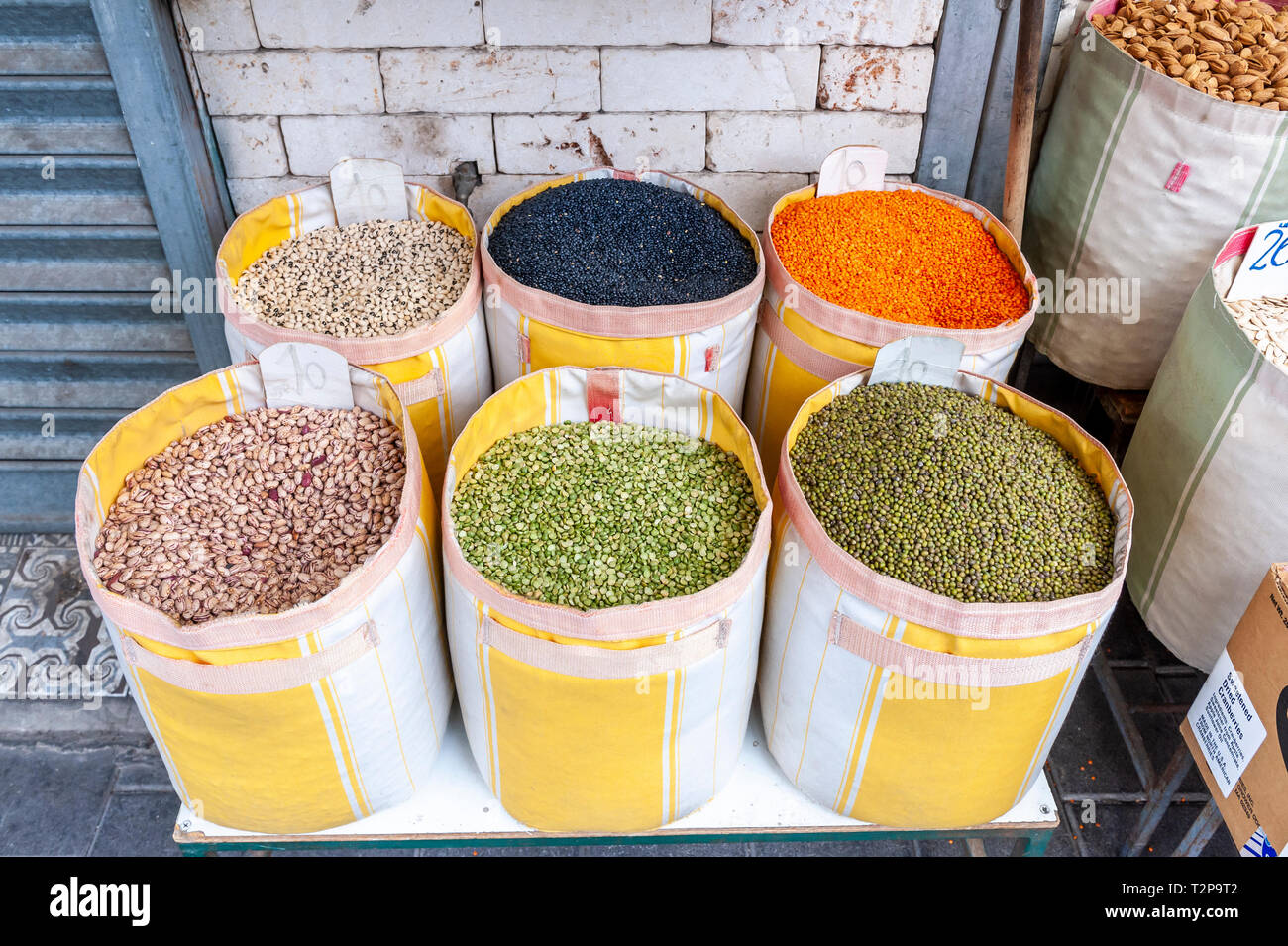 Israel, Tel Aviv-Yafo - 29 March 2019: Different types of beans sold in ...