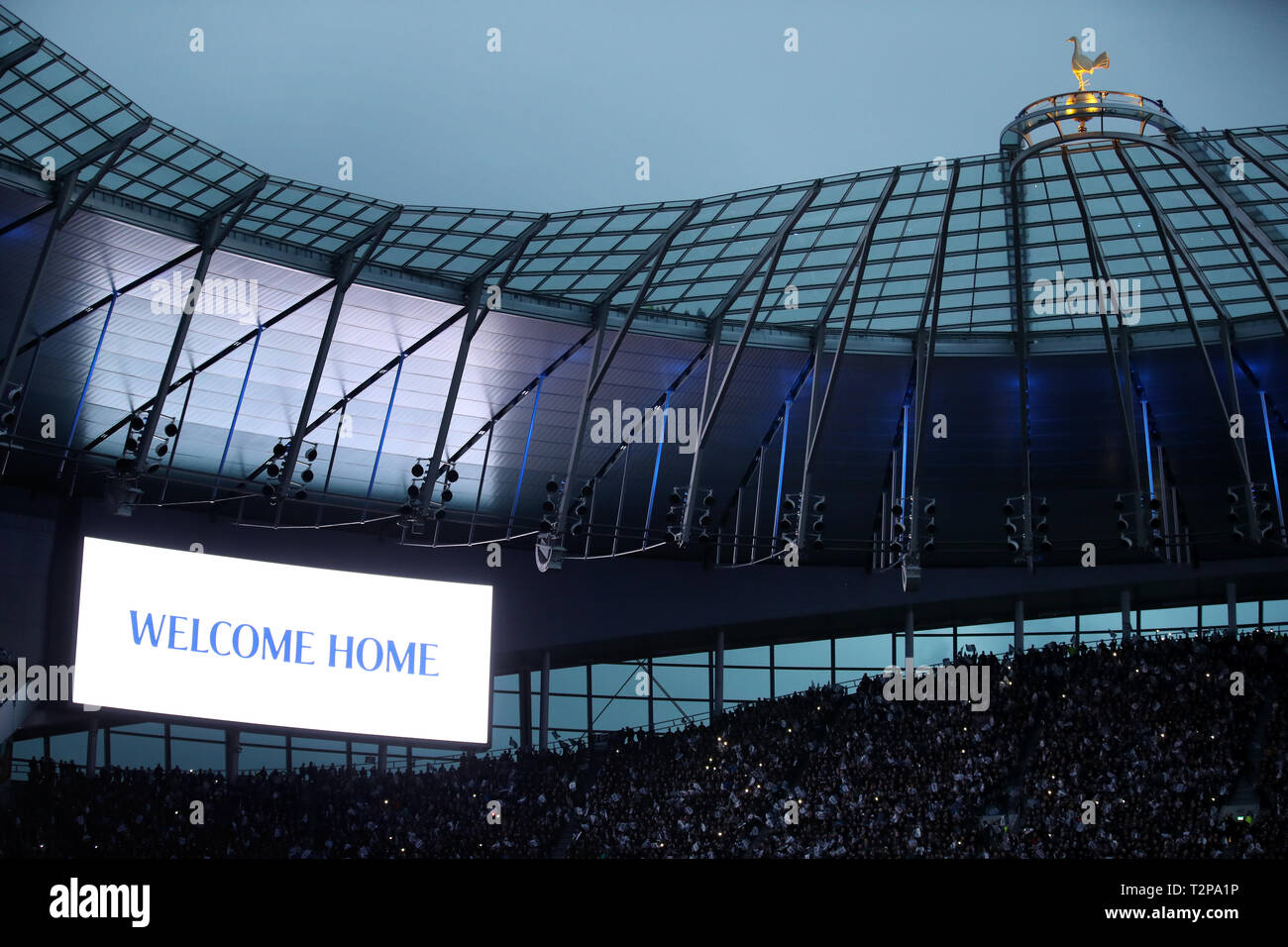 A general view of a Welcome Home message on the big screen during the ...