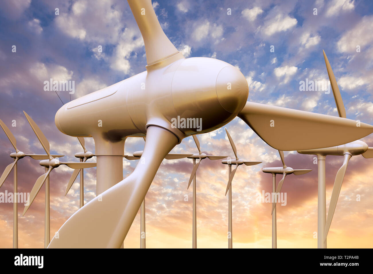 3D rendering of a wind farm at sunset Stock Photo - Alamy