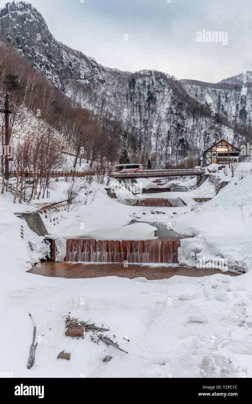 SOUNKYO,HOKKAIDO - FEB 15,2019: the beautiful scenery in Sounkyo onsen ...