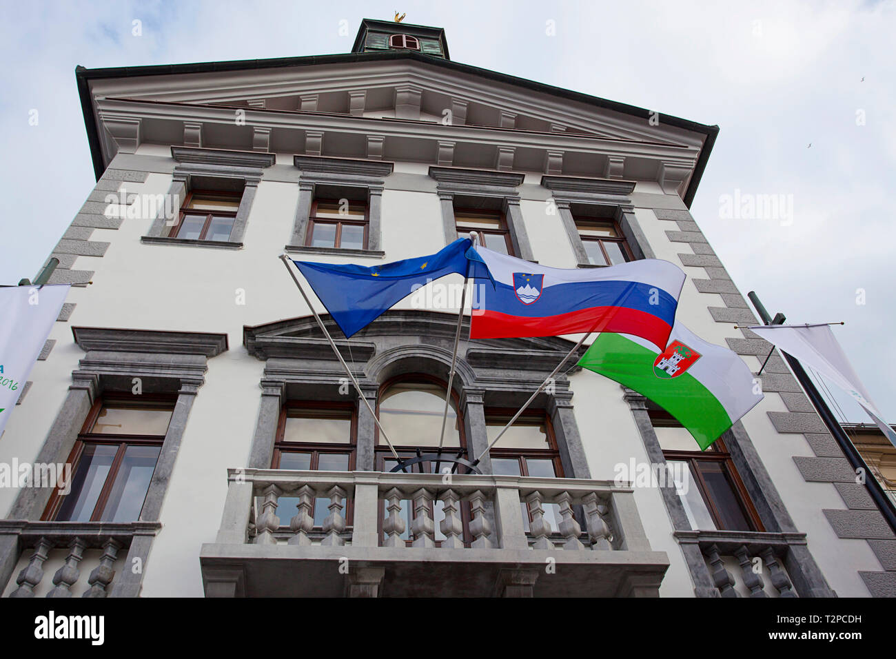 Town Hall with flags flying, 1 Town Square, Ljubljana Stock Photo - Alamy
