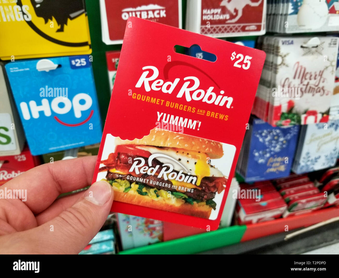 PLATTSBURGH, USA - JANUARY 21, 2019 : Red Robin gift card in a hand ...