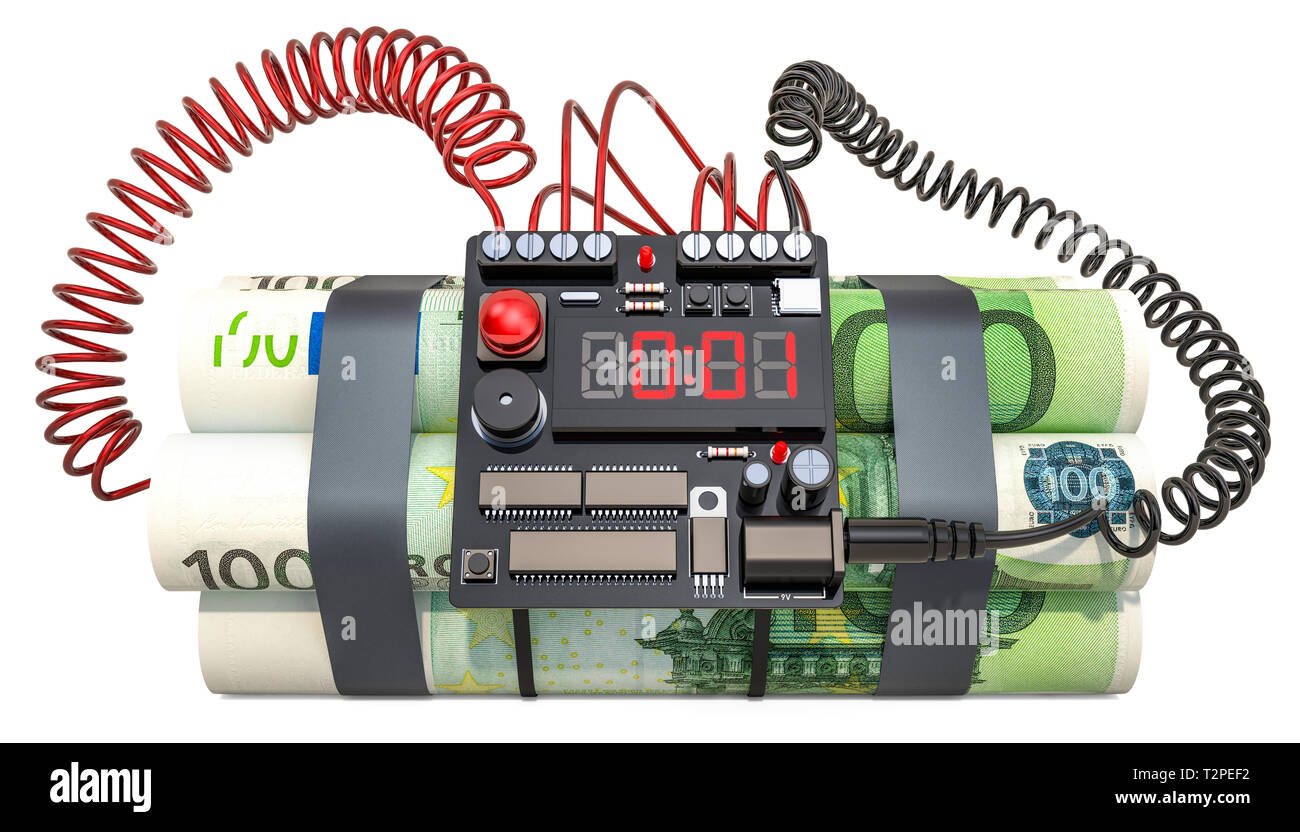 Economic crisis concept. Euro packs like a time bomb. 3D rendering ...