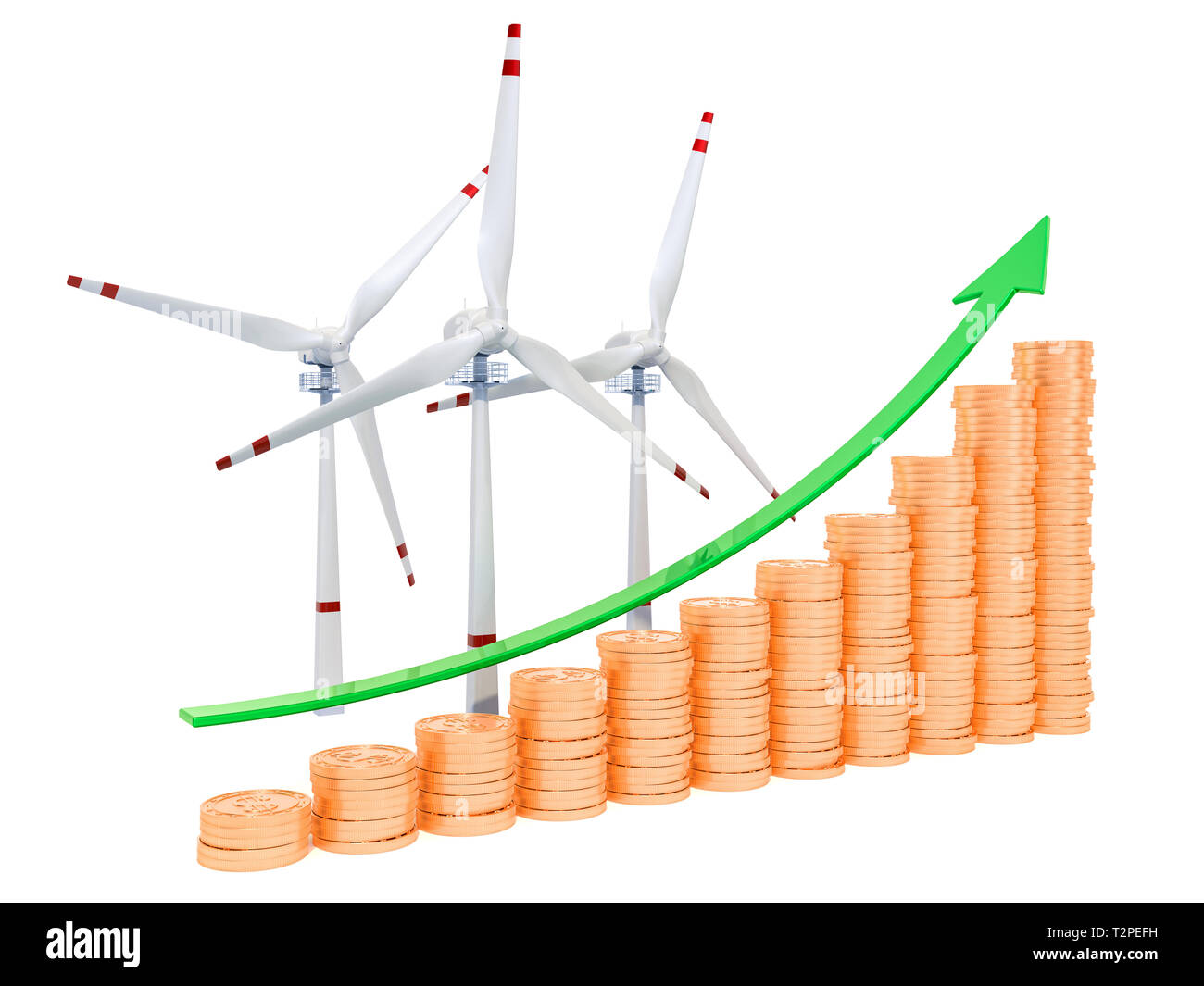 Wind turbines with growing chart from golden coins. 3D rendering ...