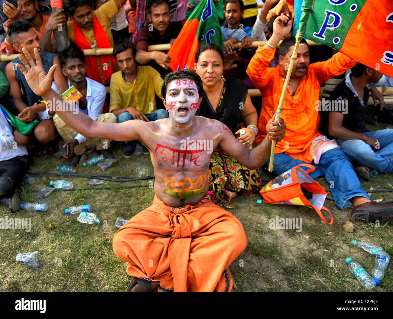 A Supporter of BJP seen with a painted face & body during the Mass ...