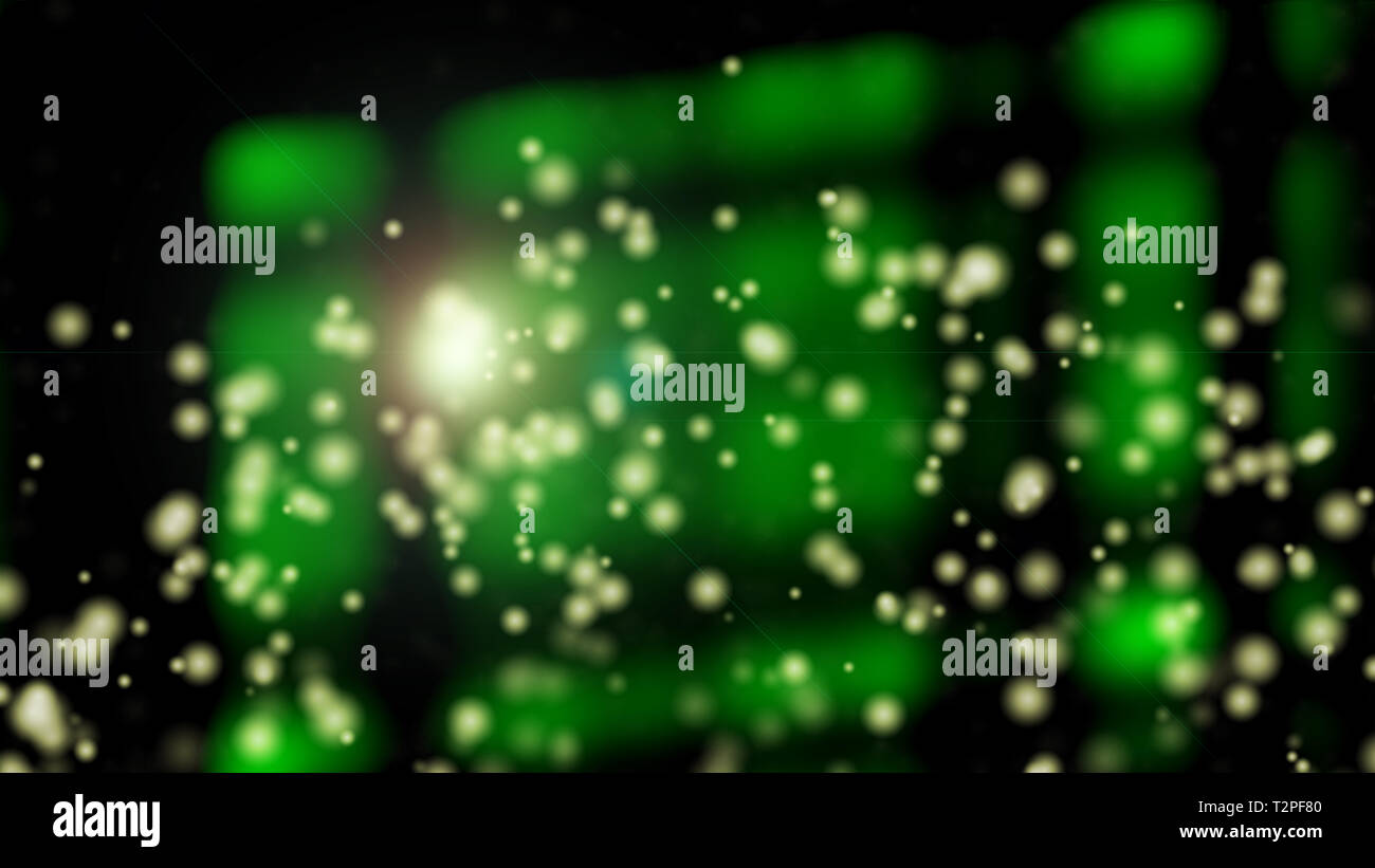 Green transparent windows out of focus and flying shining particles, 3d ...