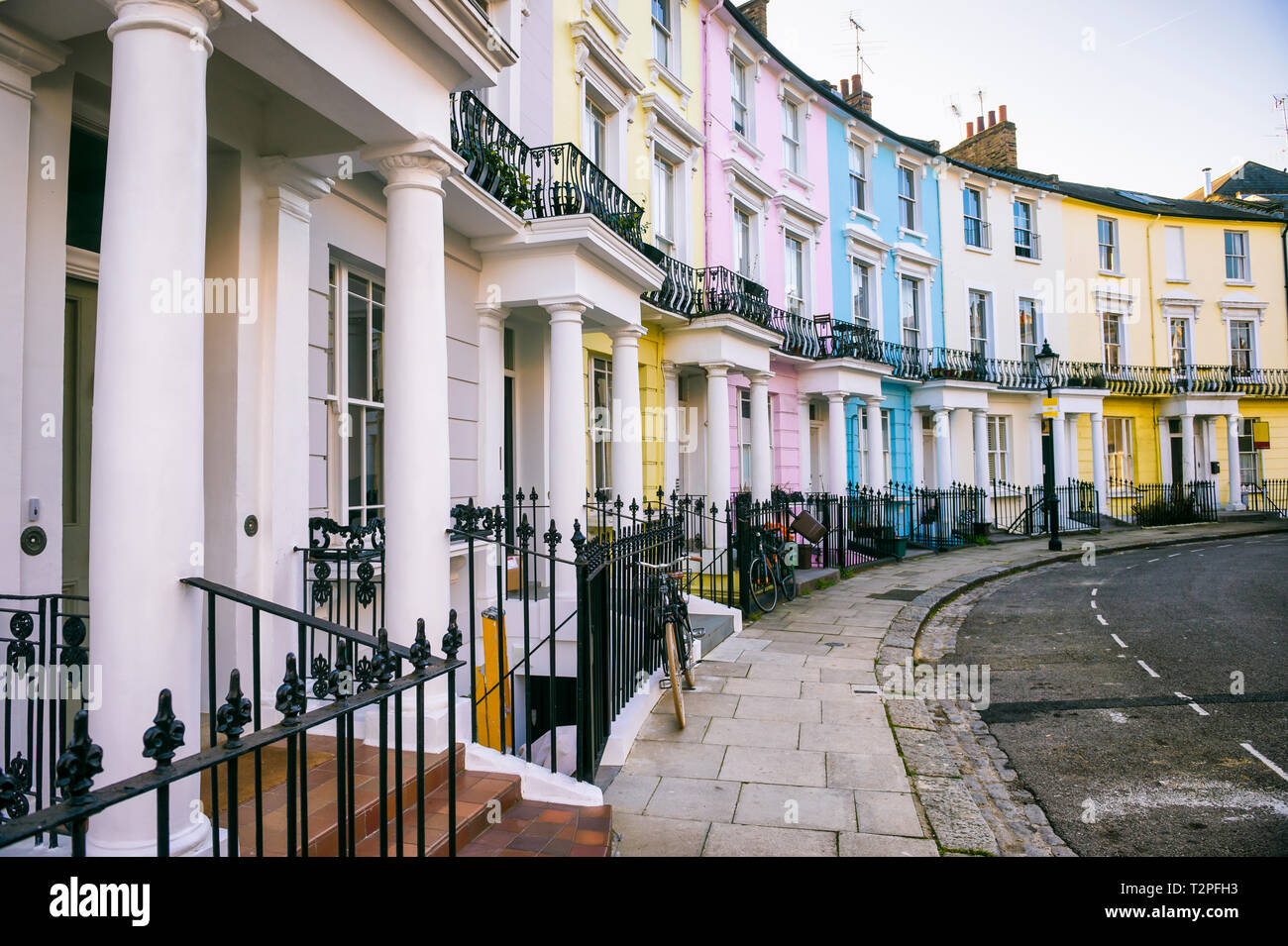 Scenic London, England view with pastel colored buildings curved on an ...