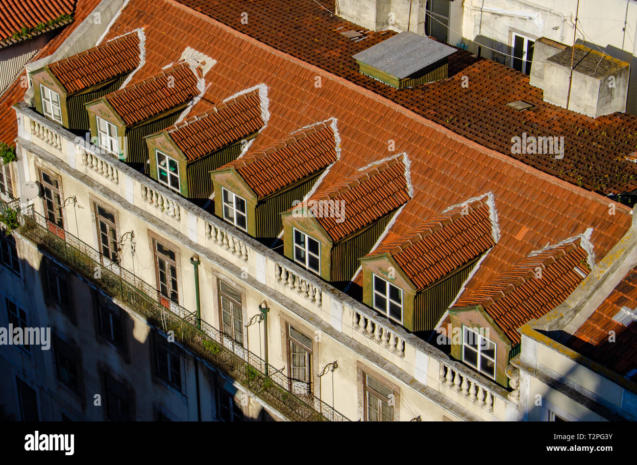 A rooftop in Lisbon, Portugal with a row of dormer windows and ...