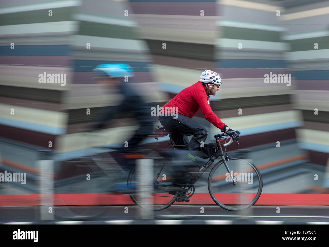 A cycle path on the Victoria Embankment, London, England, UK, gives ...