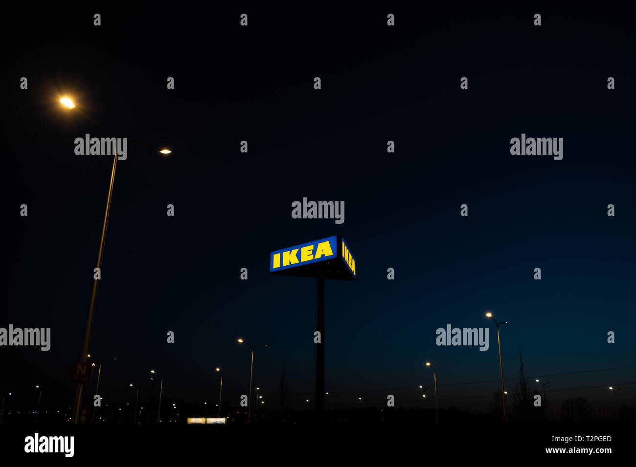 RIGA, LATVIA - APRIL 3, 2019: IKEA brand sign during dark evening and ...