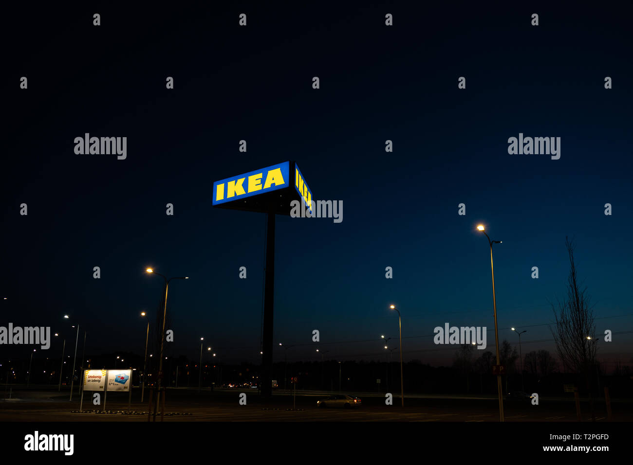 RIGA, LATVIA - APRIL 3, 2019: IKEA brand sign during dark evening and ...