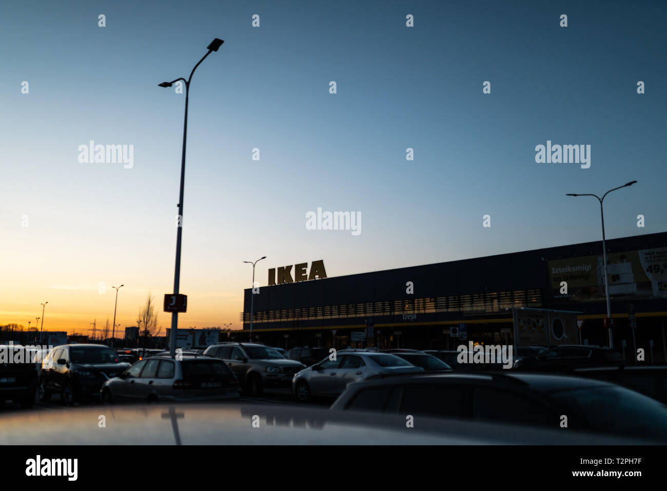 RIGA, LATVIA - APRIL 3, 2019: IKEA brand sign during dark evening and ... RIGA, LATVIA - APRIL 3, 2019: IKEA brand sign during dark evening and ...