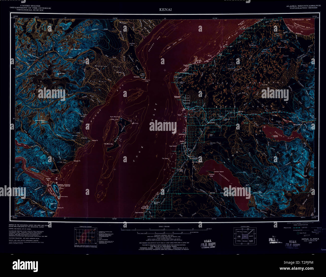 USGS TOPO Map Alaska AK Kenai 361025 1944 250000 Inverted Restoration ...