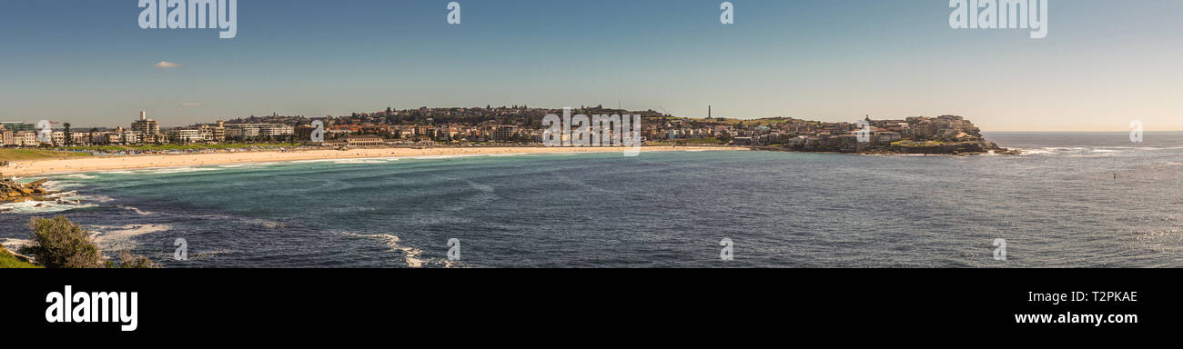 Sydney, Australia - February 11, 2019: Panorama shot of sandy Bondi ...