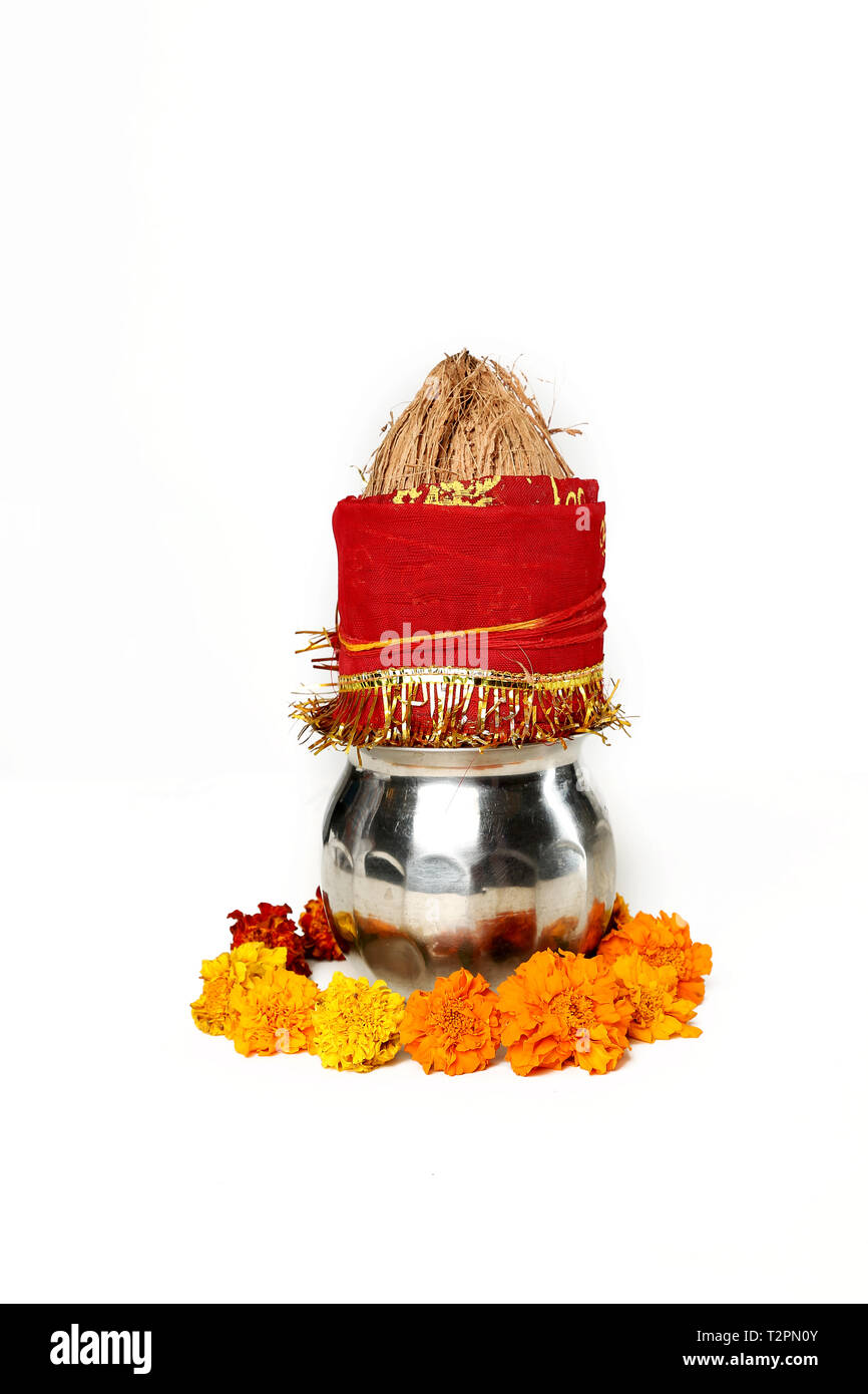 Kalash with coconut and chunni with floral decoration for navratri ...