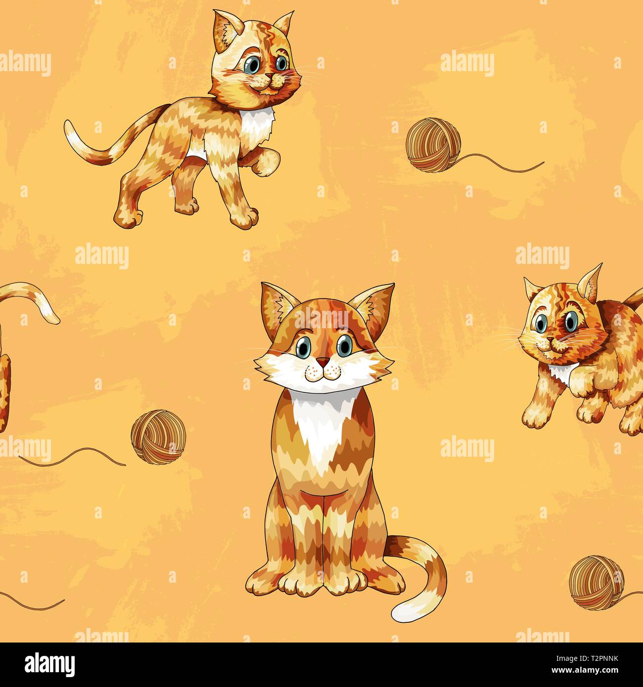 Vector seamless pattern of cartoon ginger cats on colored background ...