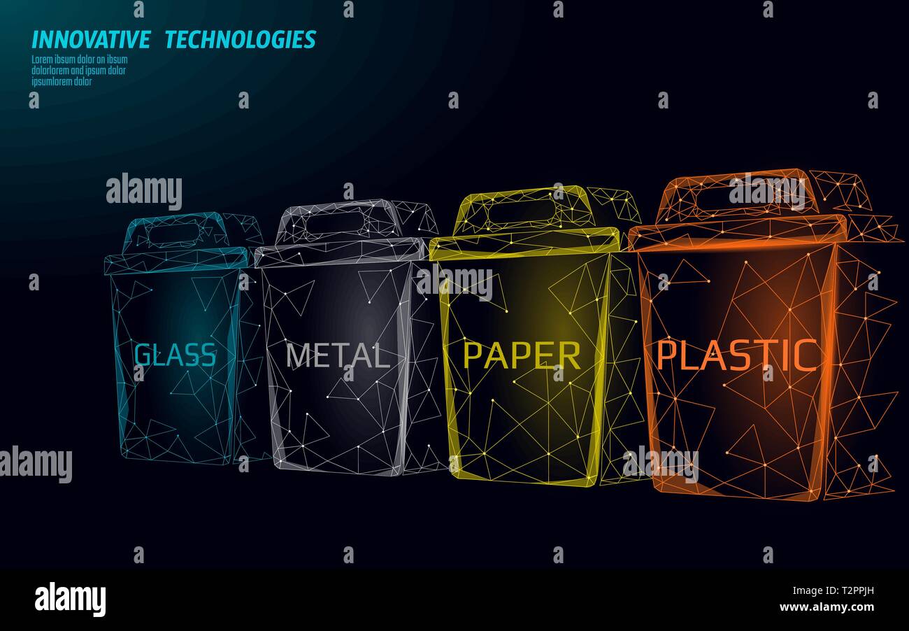 Low poly waste separation 3D concept. Garbage recycle plastic aluminium ...