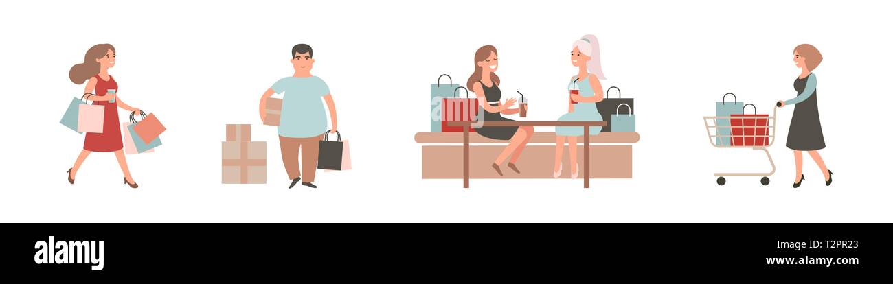 Shopaholic people. Shopping vector illustration set. Man and woman with ...