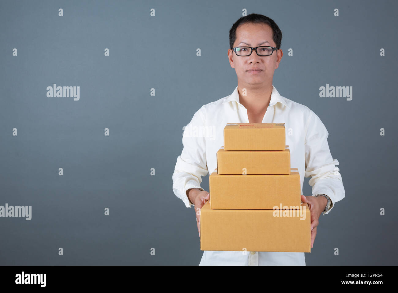 Men holding brown post boxes Made gestures with sign language Stock ...
