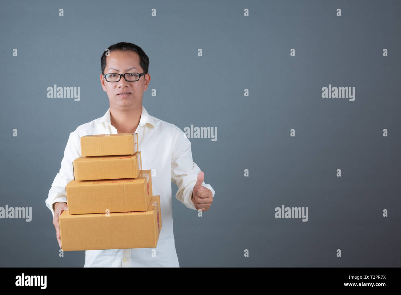 Men holding brown post boxes Made gestures with sign language Stock ...