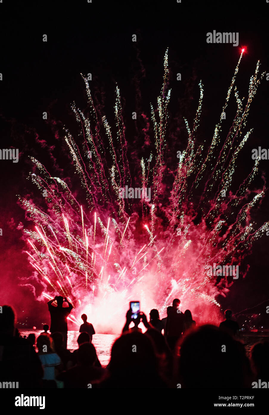 Group of people watching fireworks display at night Stock Photo - Alamy