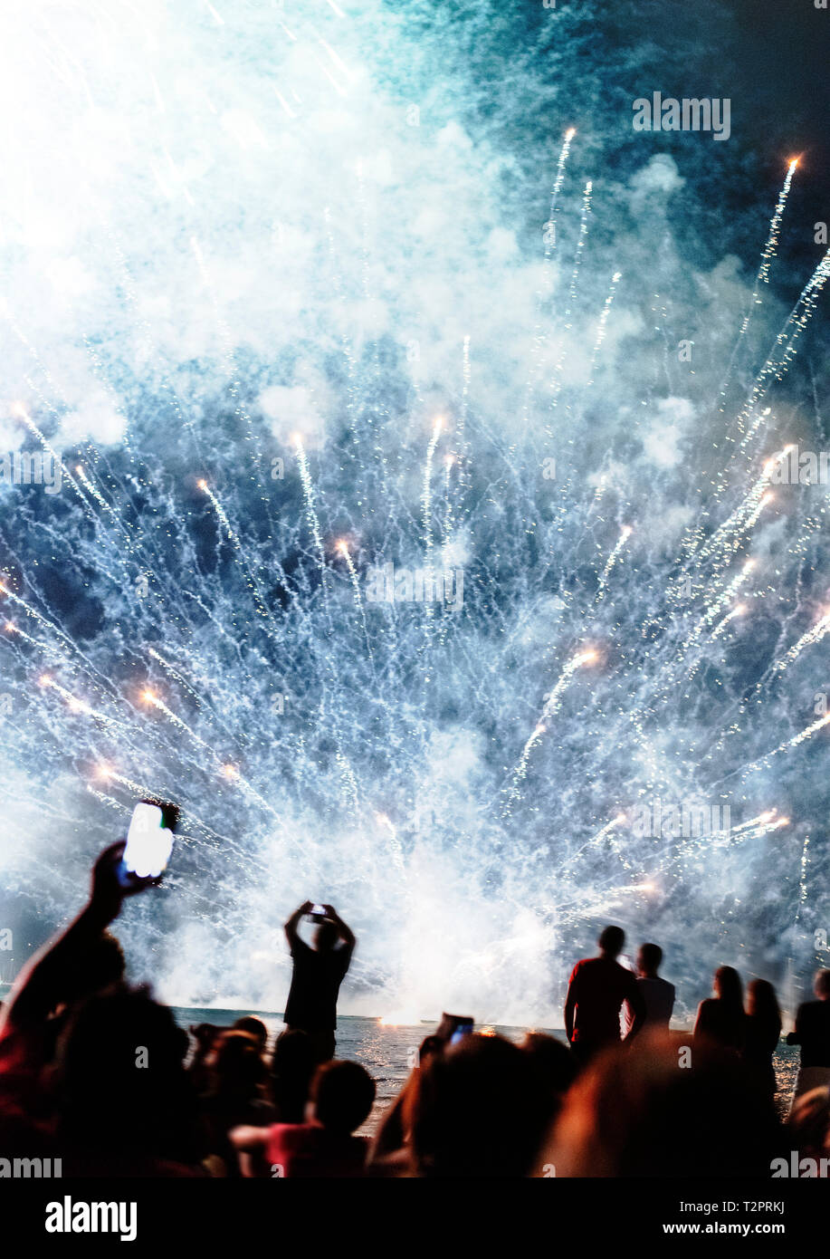 Group of people watching fireworks display at night Stock Photo - Alamy