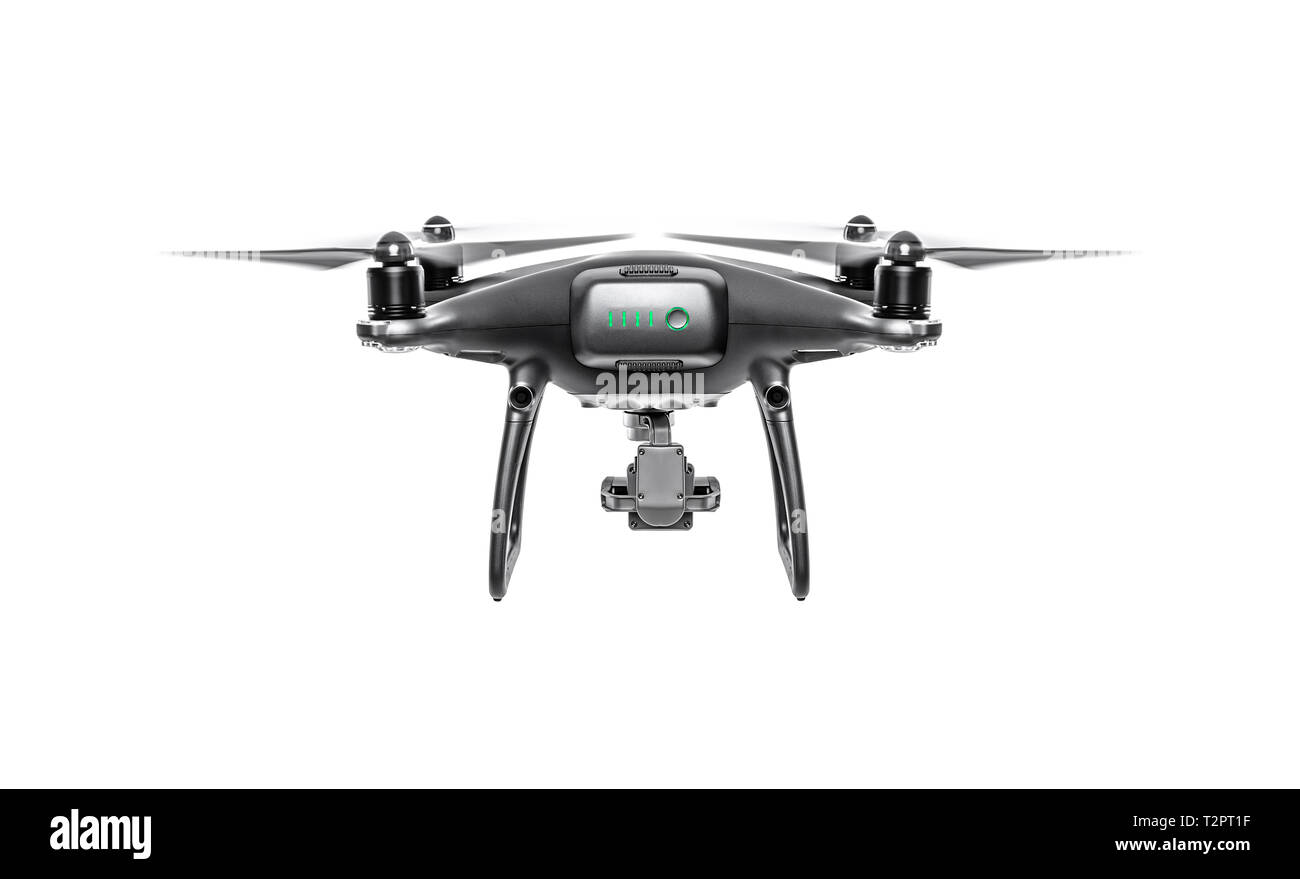Flying dark drone isolated on a white background Stock Photo - Alamy