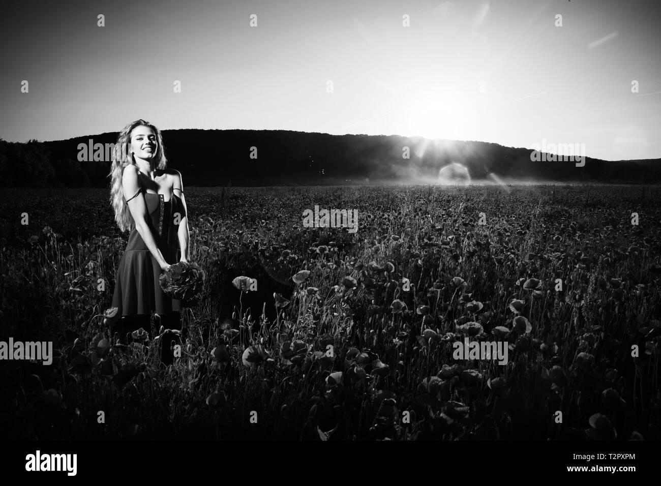 opium, woman or happy girl with long curly hair in red dress hold ...