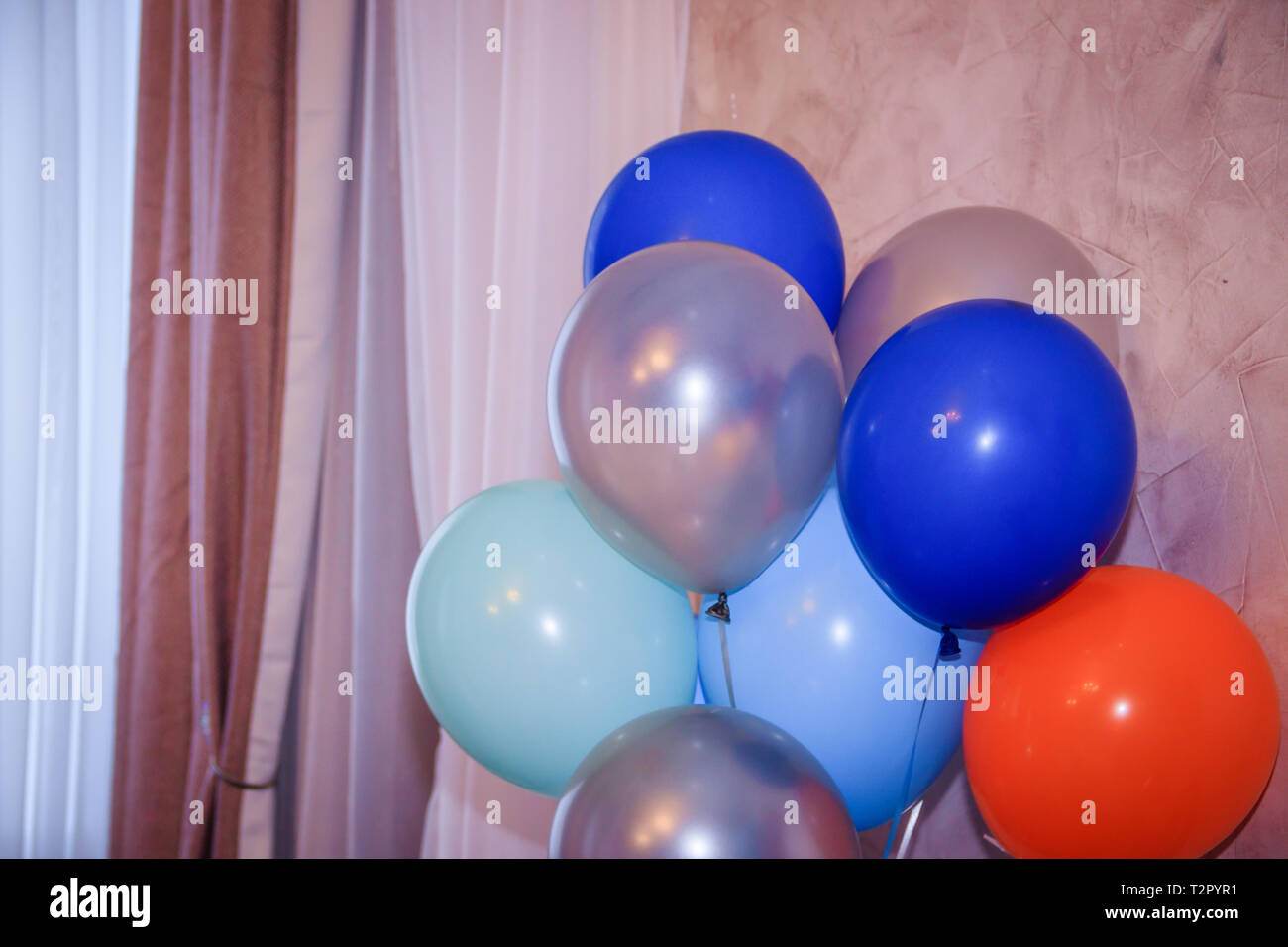 In the cafe balloons. Decoration cafe for a holiday. Festive decoration ...