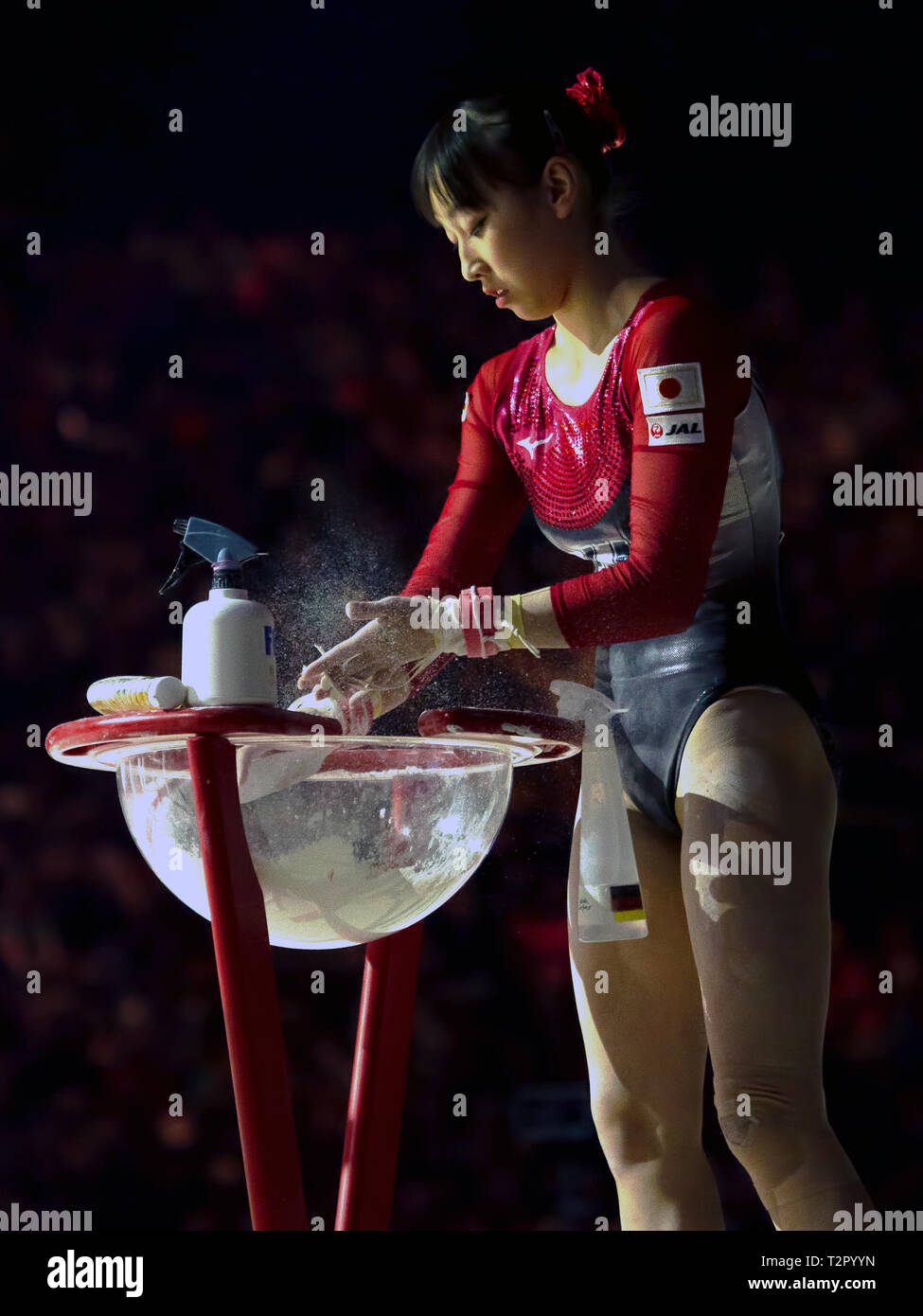 Birmingham, England, UK. 23 March, 2019. Japan's Nagi Kajita preparing ...