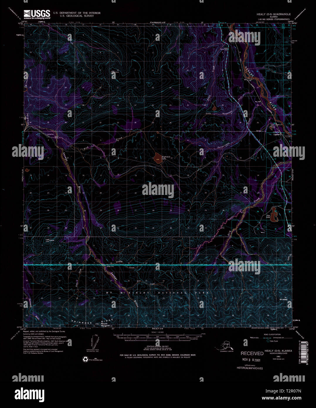 USGS TOPO Map Alaska AK Healy D-5 356003 1951 63360 Inverted ...