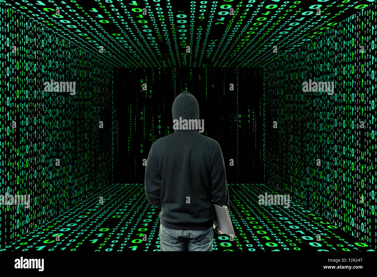 programmer or hacker in cyber reality room of binary code, mixed media ...