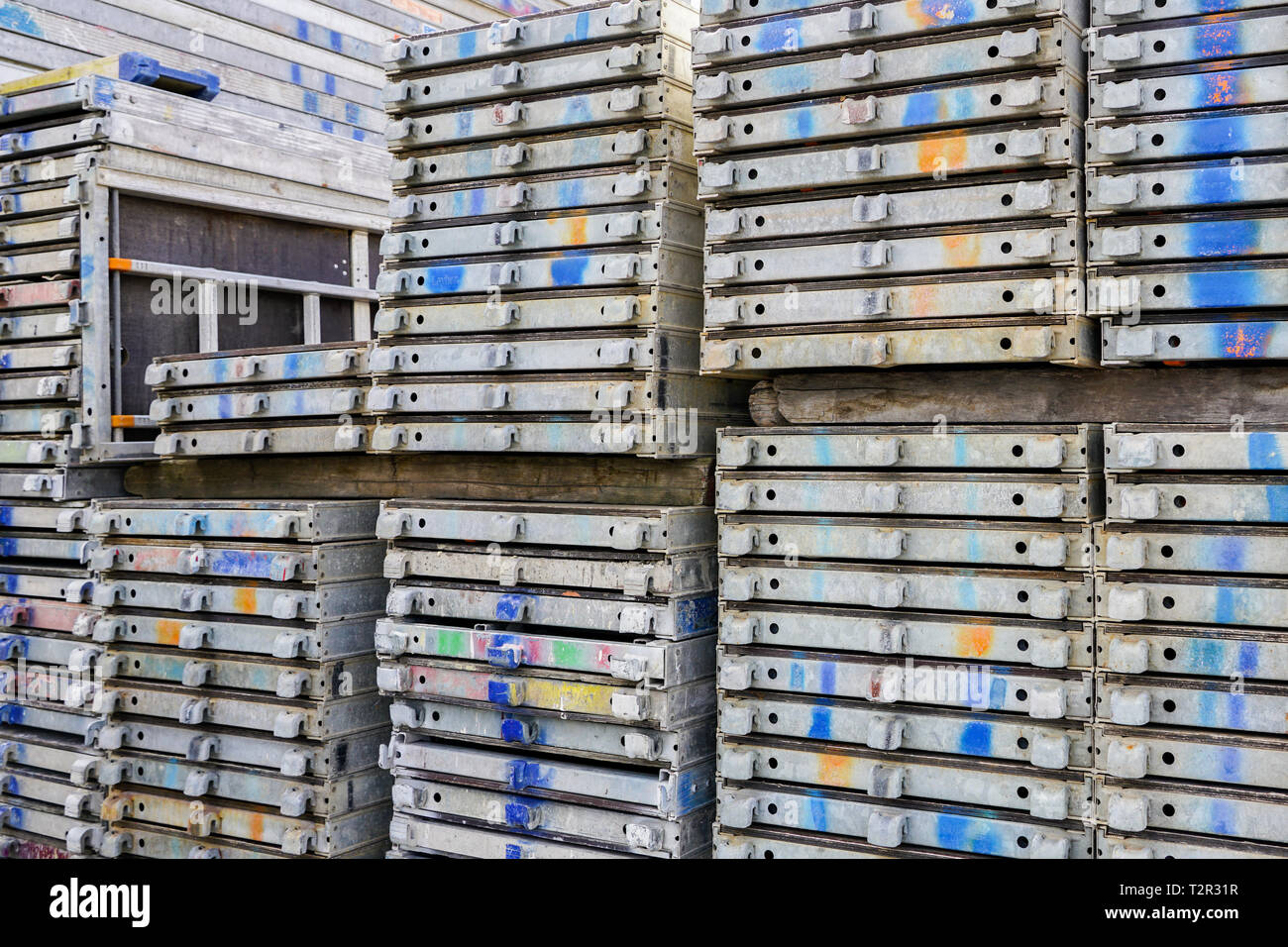 many stack of steel scaffold stuffs at open air warehouse Stock Photo ...
