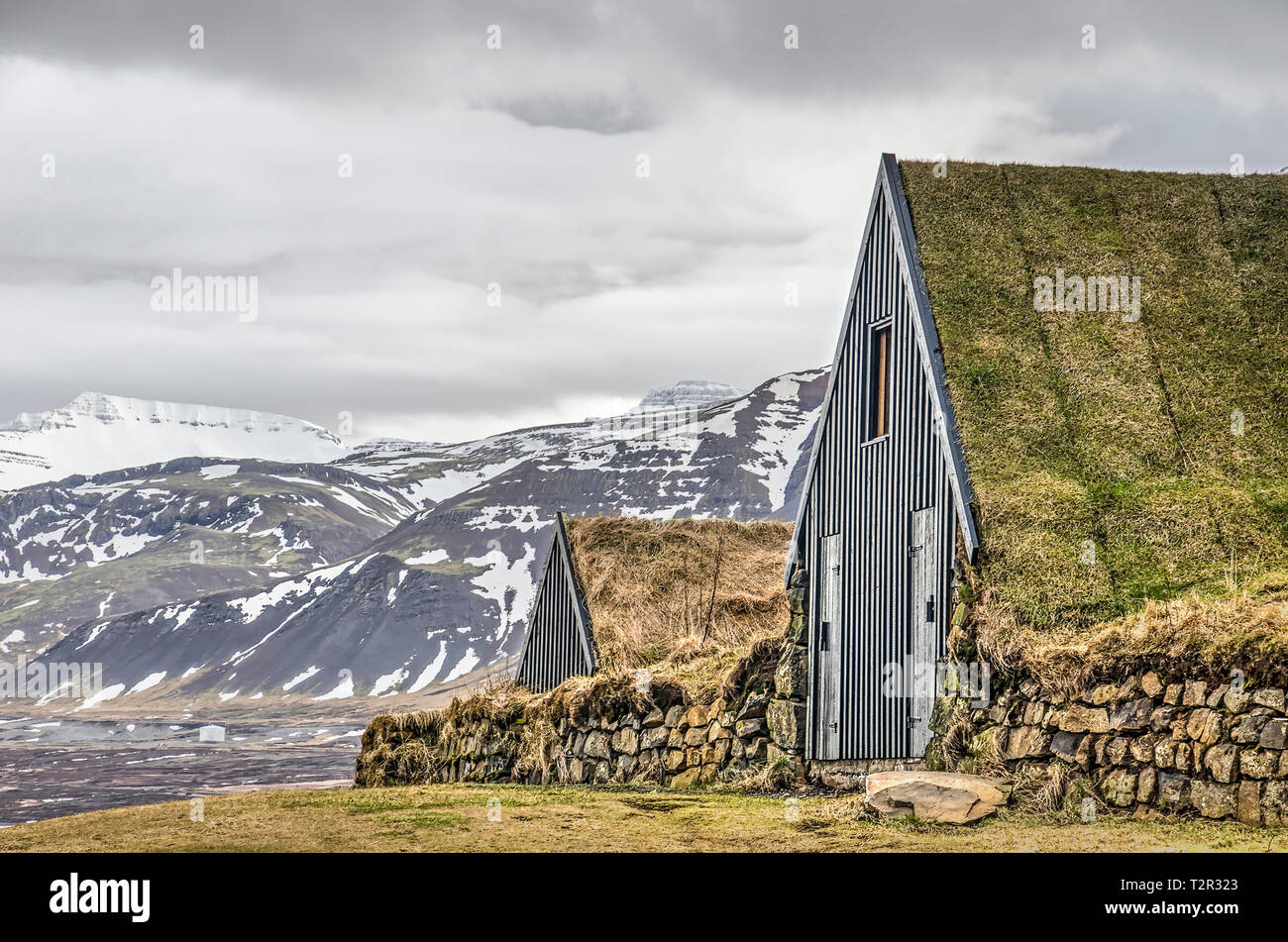 Borgarnes, Iceland, February 28, 2019: two traditional grass-covered ...
