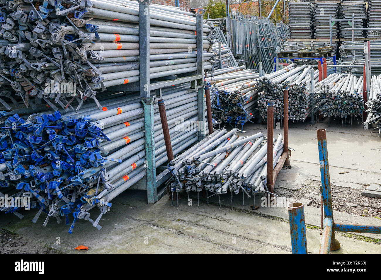 many stack of steel scaffold stuffs at open air warehouse Stock Photo ...