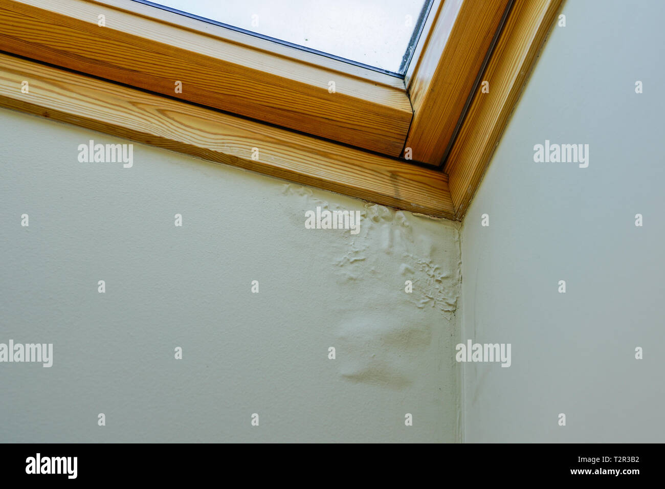 water and moisture damaged ceiling next to wooden roof window Stock ...