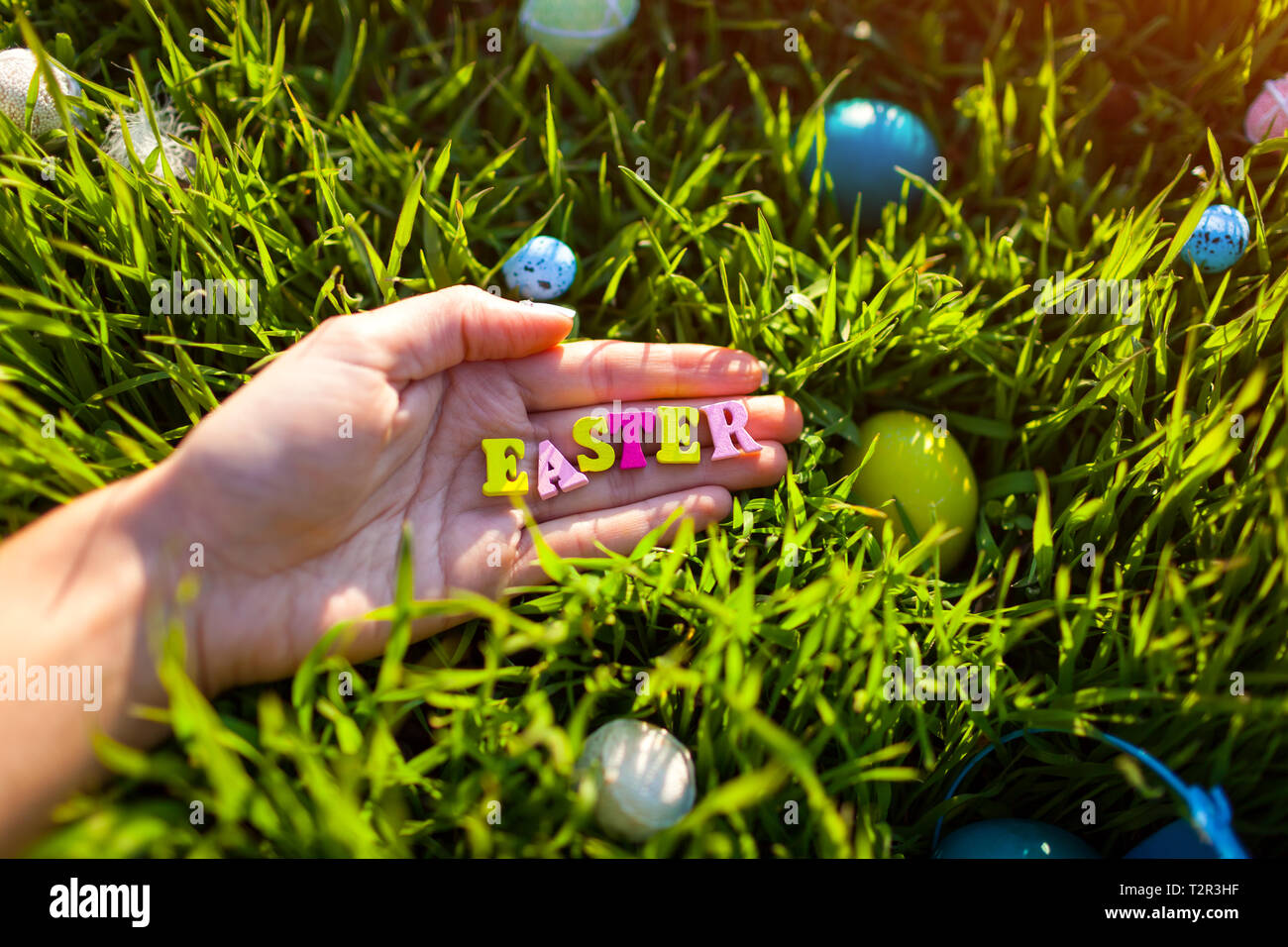 Happy Easter. Easter eggs in spring grass. Writing made of wooden ...