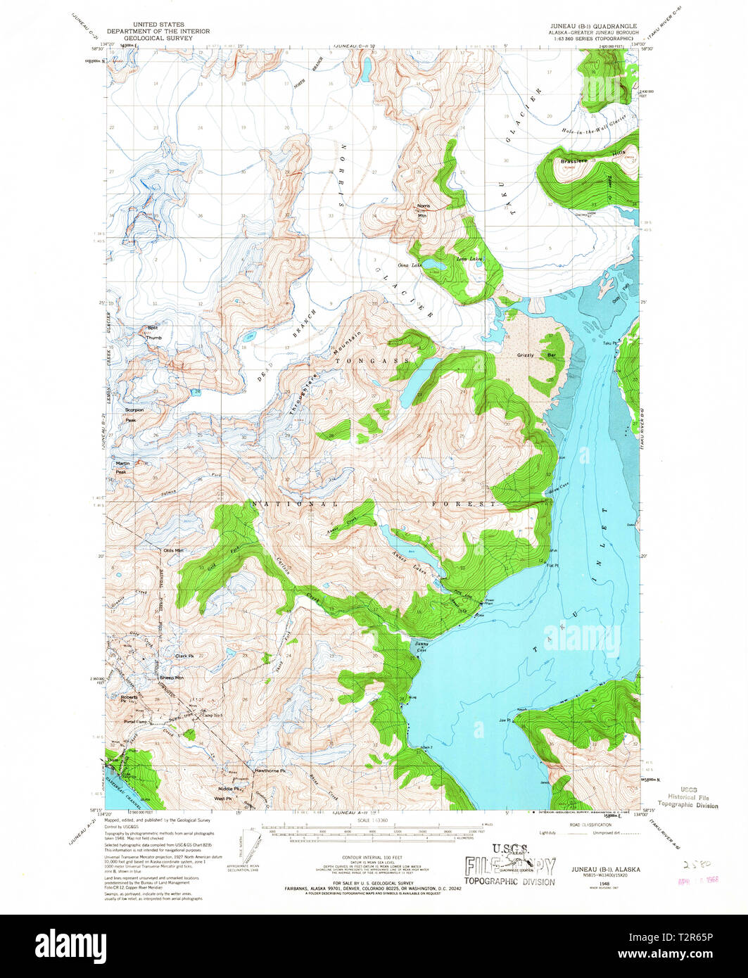 USGS TOPO Map Alaska AK Juneau B-1 356325 1948 63360 Restoration Stock ...